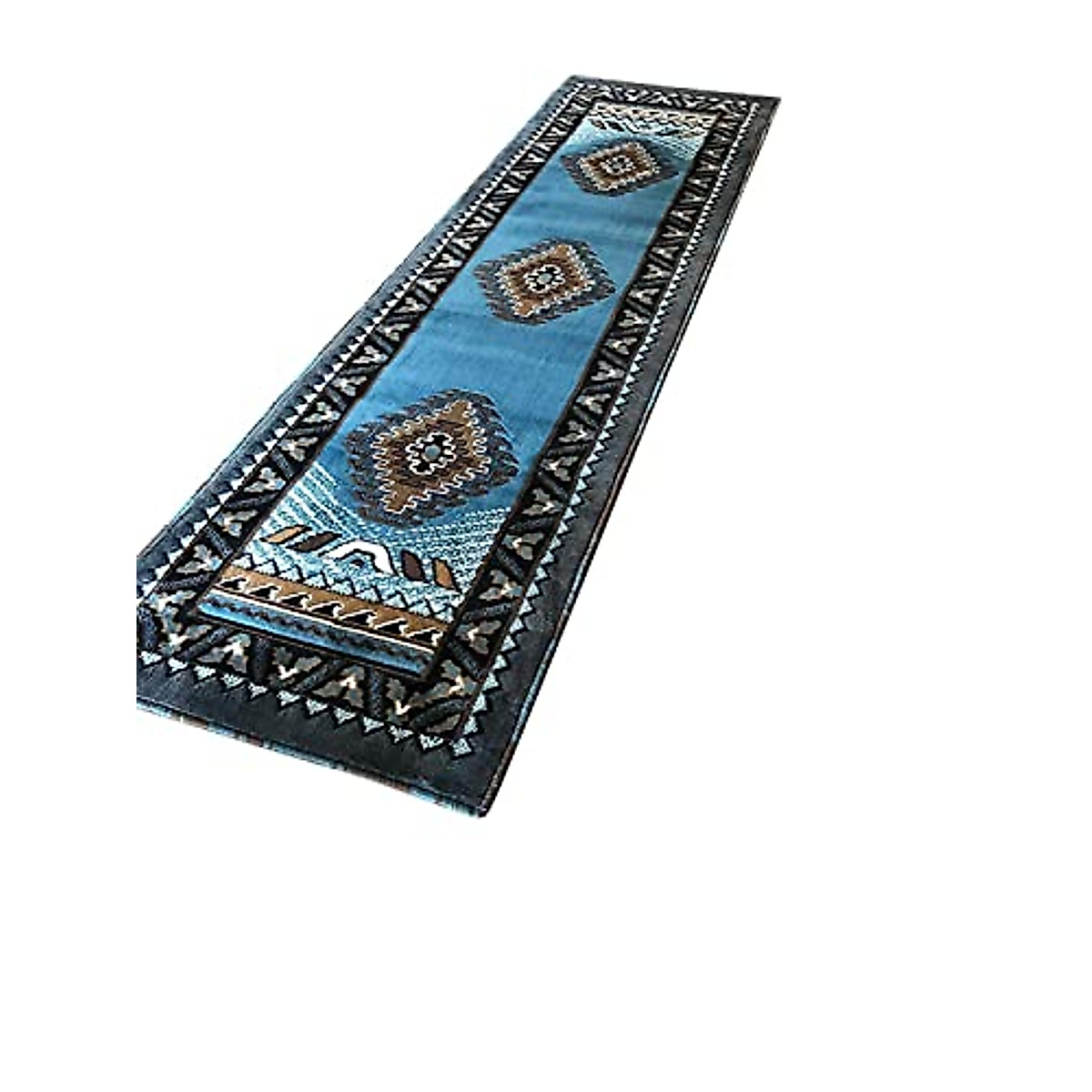 Kingdom Southwest Native American Runner Area Rug Blue & Brown Design D143 (2 Feet X 7 Feet)