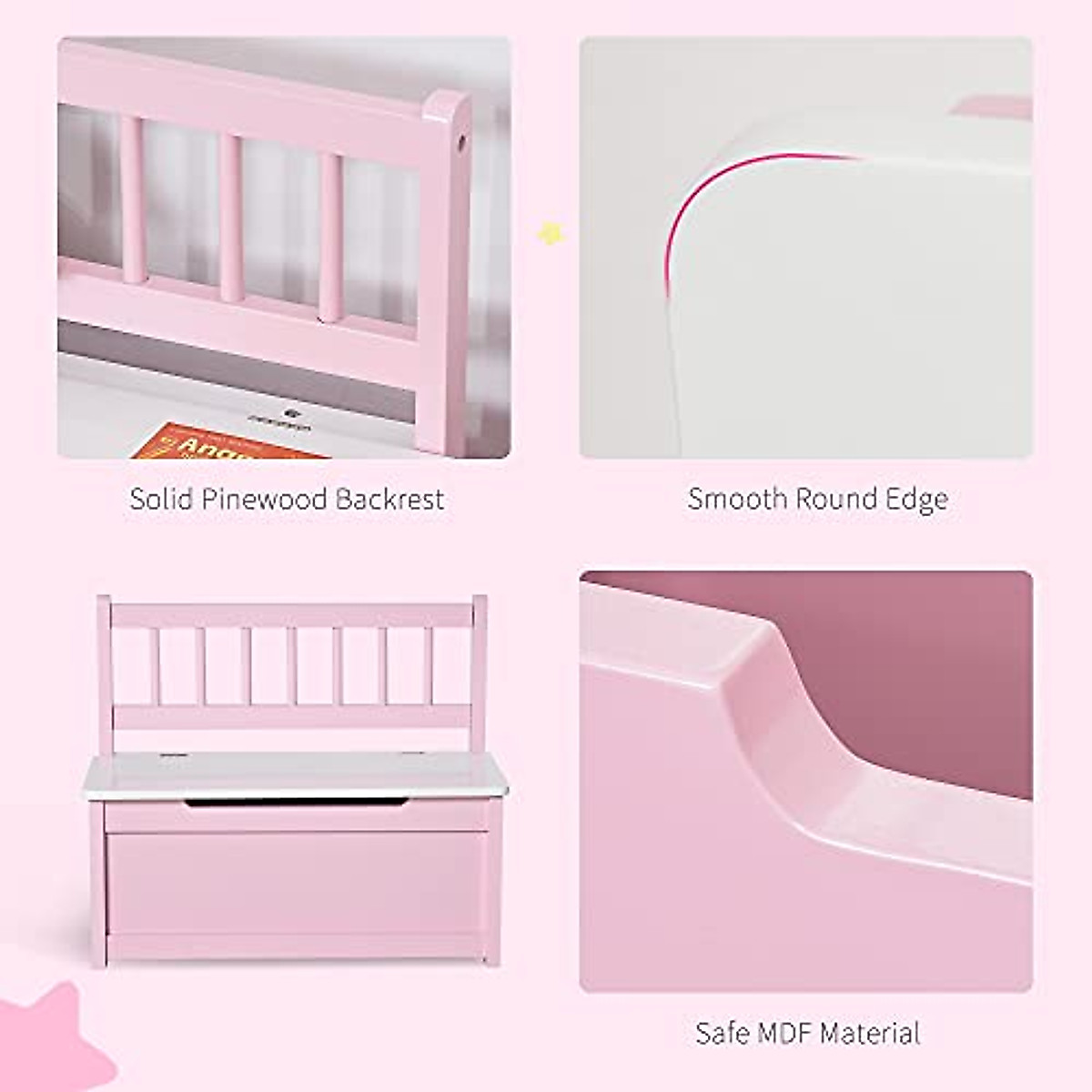 Qaba 2-in-1 Kids Wooden Toy Organizer Chest Storage Box with Seat Bench Cabinet Chunk Cube with Safety Pneumatic Rod Pink