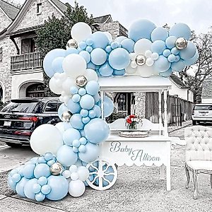 FLORA GRACE Balloon Garland Arch Kit - 146pcs Stunning Baby Blue Silver and White Party Decorations - Assorted Latex Balloons Strip Tape & Glue Dots for Birthdays Weddings Baby Showers and Events