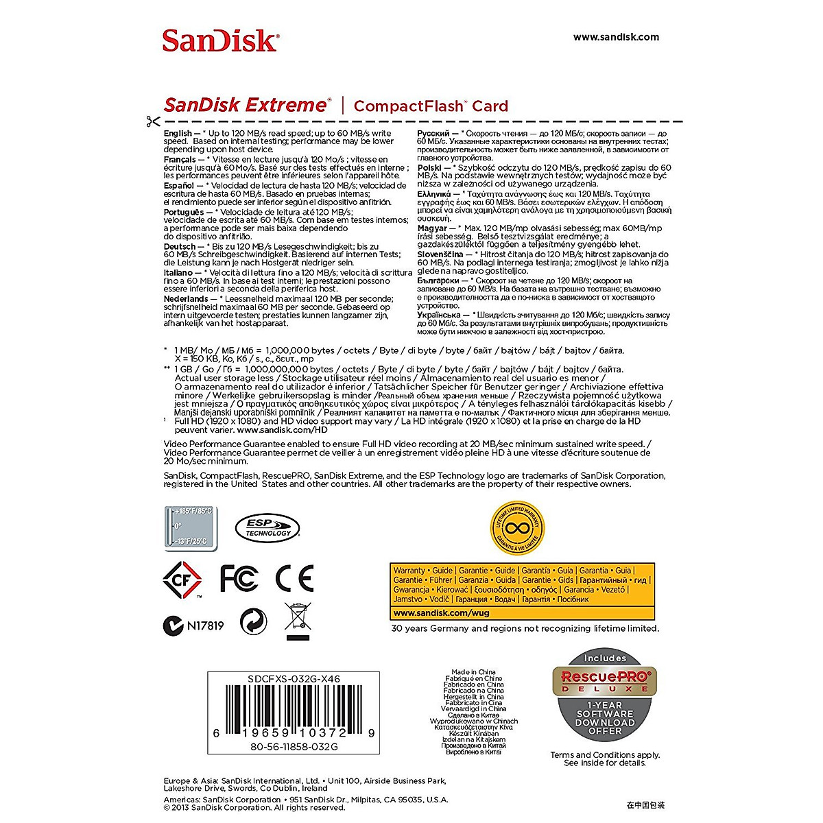 SanDisk Extreme 32GB Compact Flash Memory Card UDMA 7 Speed Up To 120MB/s- SDCFXS-032G-X46