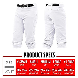 Franklin Sports Youth Baseball + Softball Pants - Knee High White Baseball Pants for Kids - Boys + Girls Knicker Style with Belt Loop - White - Extra Large