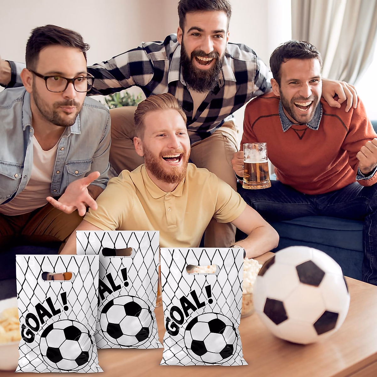 PEUTIER 50pcs Soccer Gift Bags, Plastic Soccer Goodie Goody Treat Snack Candy Bags Soccer Present Party Favor Bags Soccer Party Bags for Team Kids Teens Games Sports Events Supplies (White)