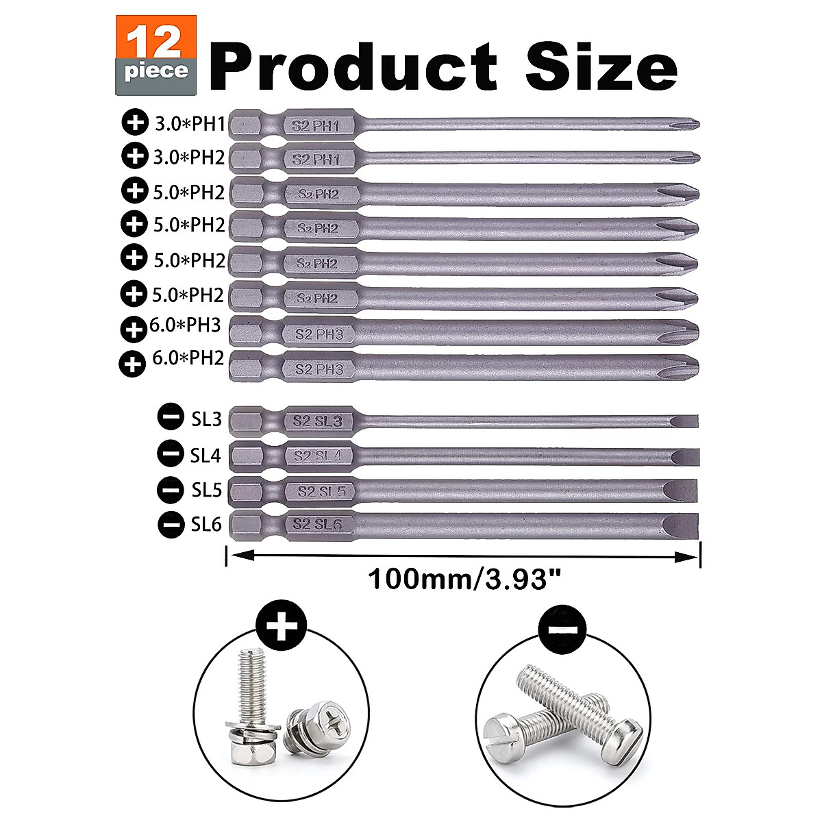 Rocaris 12 Pack 1/4 Inch Hex Shank Long Magnetic Screwdriver Bits Set 4 in Power Tools (Slotted+Cross Head)