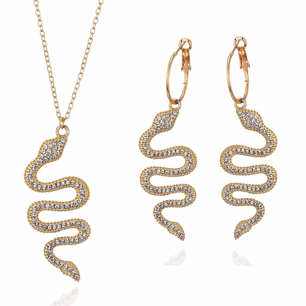 Balirek Snake Earring & Necklace 14K Gold Plated Dangle Earrings Personalized Punk Animal Hypoallergenic Fashion Rhinestone Ear Jewelry Set for Women