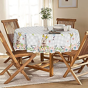 Horaldaily Easter Tablecloth 70x70 Inch Round, Spring Flower Buffalo Plaid Bunny Table Cover for Party Picnic Dinner Decor