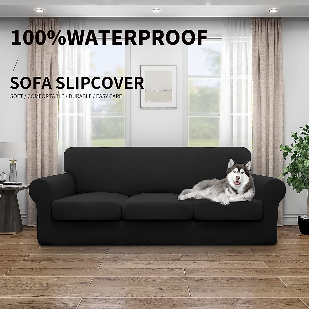 Easy-Going 100% Dual Waterproof Stretch Soft Couch Cover for Dogs, Sofa Slipcover for 3 Separate Cushion Couch Leakproof Furniture Protector for Kids, Pets Black