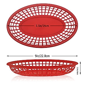 Cezoyx 50 Pack Red Fast Food Basket, 8.9 x 5.6 x 1.5 inch Oval Bread Fry Baskets Plastic Food Serving Tray for Fast Food Restaurant Supplies, Deli Serving, Chicken, Burgers, Sandwiches, Fries