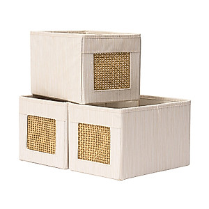 LA JOLIE MUSE Small Foldable Storage Bins, Fabric Storage Bins with Paper Mesh, Storage Baskets for Organizing, Decorative Storage Boxes with Dual Handles, Decorative Storage Boxes, Set of 3, Beige