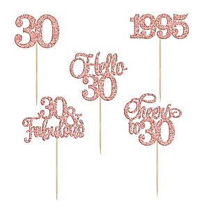 Gyufise 30Pcs 30th Birthday Cupcake Toppers Glitter Hello 30 Cupcake Topper Cheers to 30 1995 Thirty Cupcake Picks for Happy 30th Birthday Anniversary Party Cake Decorations Rose Gold