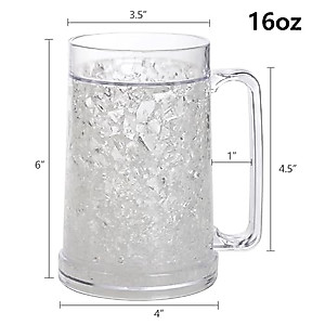 Fasmov Freezer Beer Mugs, 4 Pack Clear Double Wall Gel Frosty Freezer Ice Mugs, Freezer Mugs With Gel Beer Mugs For Freezer, Plastic Beer Mugs With Handles for Parties and Gifts, 16oz