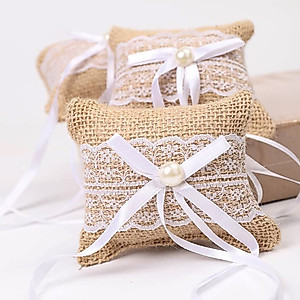 luzen 2Pcs Wedding Ring Pillows Rustic Burlap Lace Bridal & Bridegroom Ring Dispaly Small Pillow Holder for Wedding Party