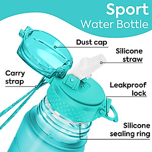 OLDLEY Kids Water Bottle with Straw for School Girls Boys, 15 oz Unbreakable Leak-Proof BPA-Free Motivational Water Bottles with Times to Drink for Travel Sports Gym, 1 Straw Lid, Mint