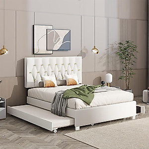 Harper & Bright Designs Beige Queen Platform Bed with Twin XL Trundle & 2 Storage Drawers, Velvet Upholstered Queen Storage Bed Frame with Headboard, No Box Spring Required