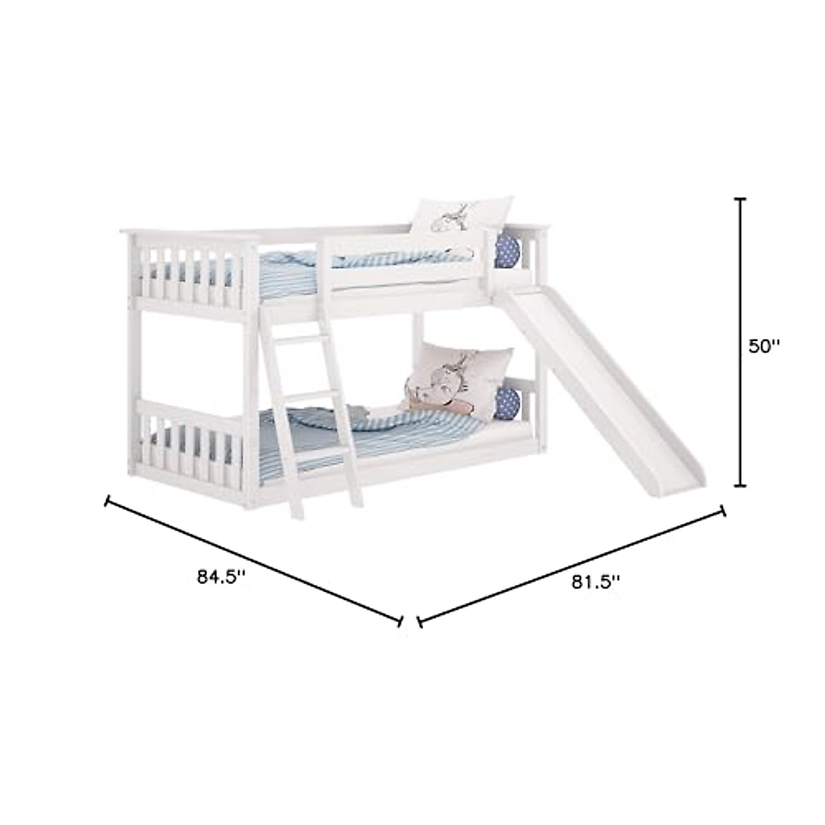 Max & Lily Solid Wood Twin Low Bunk Bed with Slide, White & Cotton Underbed Curtains, Blue & White