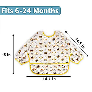3 Pcs Waterproof Baby Bibs | Long Sleeves Weaning Smock Bib with Food Catcher Pocket for Toddler Eating | Baby Led Weaning | Full Cover Wearable Sleeved Bibs Shirt Apron Set | 6-24 Months