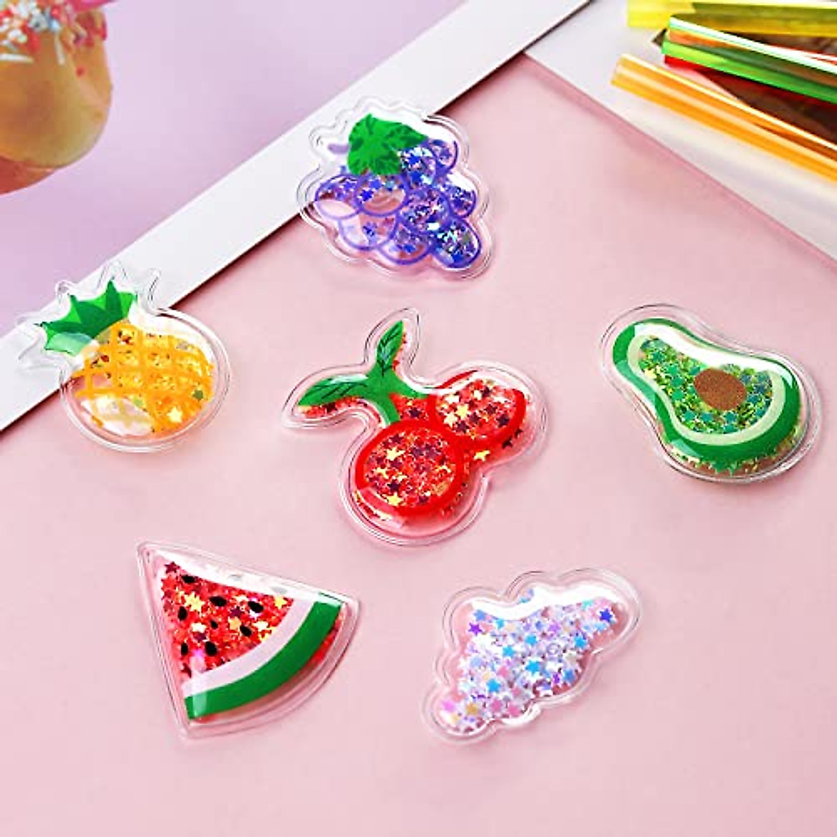 24 Glitter Fruit Party Supplies Drinking Straws Peach Grape Pineapple Cherry Watermelon Avocado Shape Design for Tutti Frutti Birthday Tropical Party Favors with 2 Straws Cleaning Brush