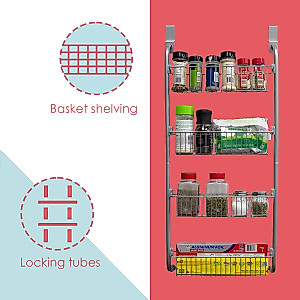 Home Basics Heavy Duty 4 Tier Over the Door Storage Shelf Hanging Cabinet Metal Pantry Rack Organizer Spice Space, Grey