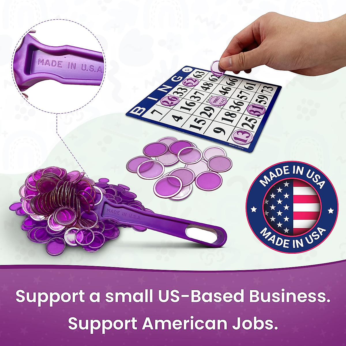 MR CHIPS Made in USA Bingo Magnetic Wand & ¾ Inch Purple Plastic Chips with Metal Rings - 200 Upgraded Pieces Bingo Chips Magnetic, Support American Jobs