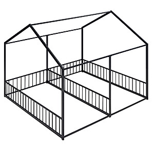 BestLM Metal Double Twin Size House Platform Beds, Two Shared Twin Bed, Heavy Duty Low Floor House Bed Frame with Guardrails and Roof for Boys and Girls, Black