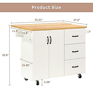 4 EVER WINNER Kitchen Island Cart with Drop Leaf & 3 Drawers, 43” Kitchen Island with Storage Cabinet on Wheels, Spice Rack, Towel Rack, Rolling Kitchen Island Table Breakfast Bar for Kitchen, White