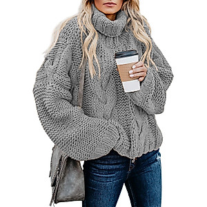 Dokotoo Women Winter Chunky Turtleneck High Neck Long Sleeve Cable Knit Sweaters Pullover Outerwear Grey S