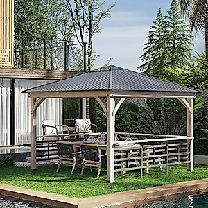 Outsunny 11' x 11' Hardtop Gazebo with Metal & Acrylic Combined Roof, Wood Frame, Permanent Pavilion Grill Gazebo with Bar Counters, Ceiling Hook, for Patio, Garden, Backyard, Deck, Lawn