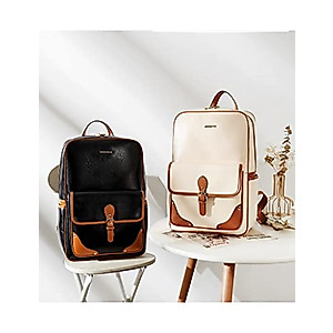 BOSTANTEN Leather Laptop Backpack for Women 15.6 inch Computer Bag Stylish College Daypack Travel Bag Off-white with Brown