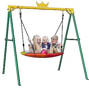 Yohood Swing Sets for Backyard, 440lbs Outdoor Swing Set for Kids, Heavy-Duty Metal Swing Frame and Flying Saucer Swing for Playground,Park,Backyard (Green)