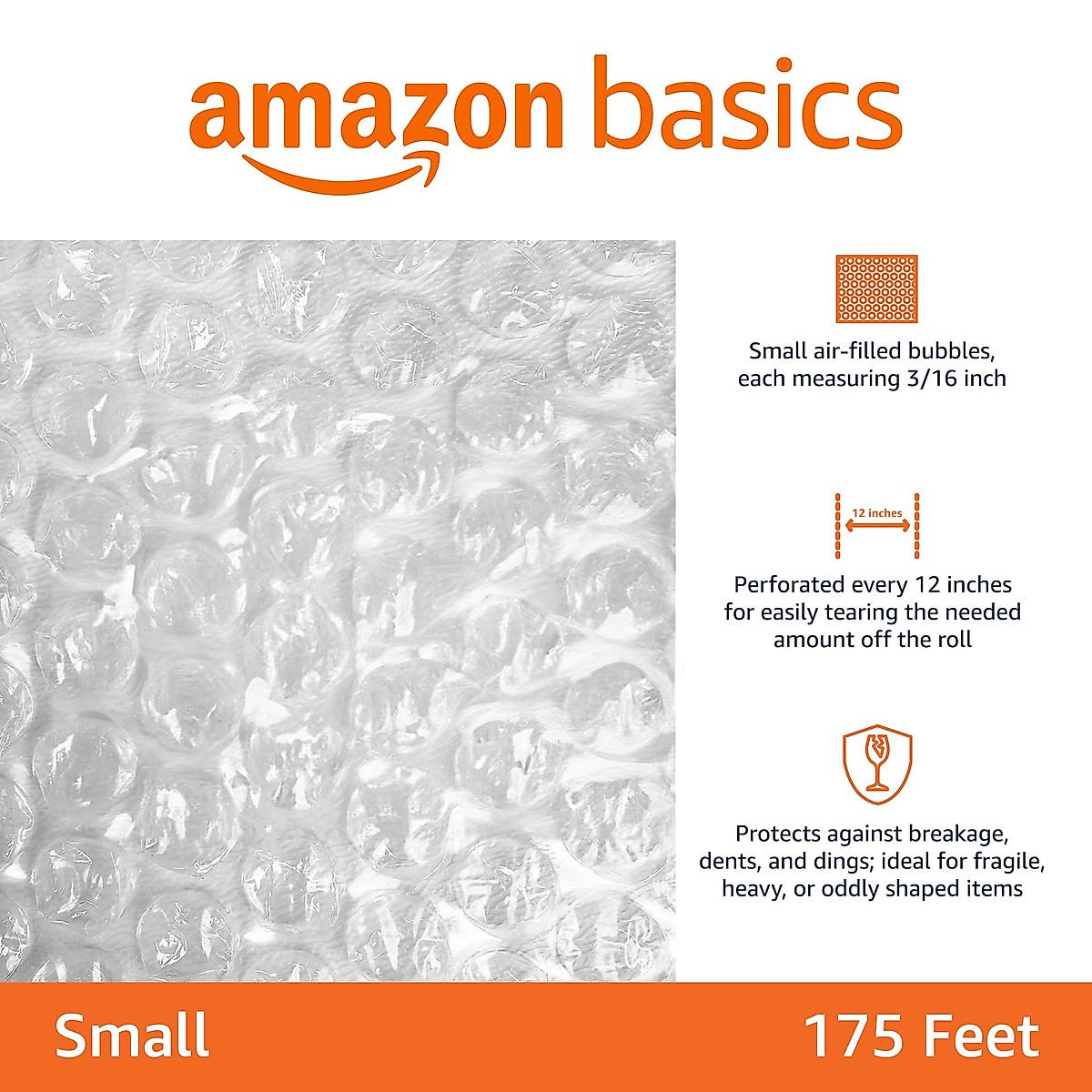 Amazon Basics Perforated Bubble Cushioning Wrap - Small 3/16", 12-Inch x 175-Foot Long Roll