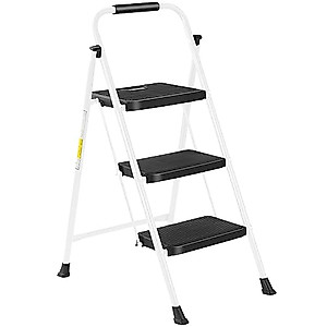 Lifetime Home 3-Step Ladder with Wide Anti-Slip Platform & Thick Rubber Feet - Lightweight Heavy Duty Foldable & Portable - 330 lbs Capacity, Steel Frame, Rubber Handgrip, Folding Step Stool - White