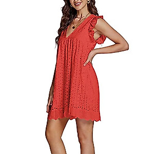 LYANER Women's Elegant Eyelet V Neck Ruffle Cap Sleeve Tank Babydoll A Line Mini Dress Red Medium