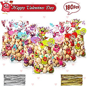 Funrous 180 Pieces Valentines Cellophane Candy Bags Bulk Valentine's Day Plastic Cello Goodie Bags Heart Tag with Twist Ties Valentine Theme Party Supplies for Kids Party Favor Candy Treat Warp