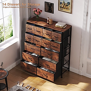 LIVEHOM 14 Dresser Drawer for Bedroom, Tall Dresser with Fabric Storage Drawer, Large Dressers & Chest of Drawers for Kid Room, Closet, Living Room, Entryway (Rustic Brown)