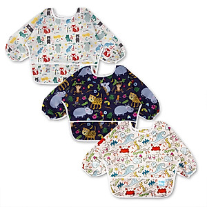 3 Pcs Long Sleeved Bib Set | Baby Waterproof Bibs with Pocket Bundle | Toddler Bib with Sleeves and Crumb Catcher | Stain and Odor Resistance Play Smock Apron - Pack of 3 | 6-24 Months