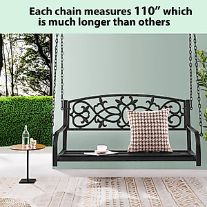 Giantex Patio Metal Porch Swing, 2-Person Hanging Porch Swing Bench with Sturdy Chains & Retro Pattern Backrest, 485 Lbs Weight Capacity Loveseat for Garden, Yard, Front, Outdoor Swing Chairs (Black)