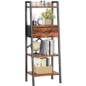 Furologee 4 Tier Ladder Shelf, Narrow Ladder Book Shelf with Drawer, Modern Bookcase Freestanding Shelf Units, Storage Shelves Organizer for Bedroom, Living Room, Bathroom, Home Office, Rustic Brown