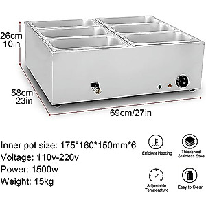 2/3/4/6 Commercial Electric Food Warmer, 1500W Stainless Steel Buffet Table Server, for Catering and Restaurants