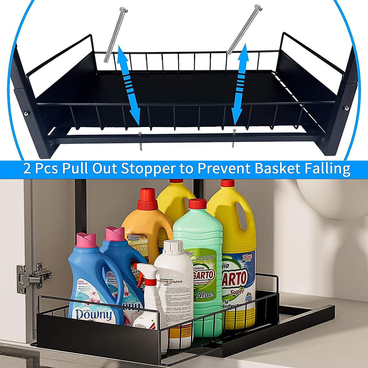 Under Sink Organizer 2 Pack, Chunyee 2-Tier Adjustable Height Under Sink Organizers and Storage, L-Shape Heavy Duty Metal Slide Out Under Sink Storage for Kitchen and Bathroom, Gifts for Women