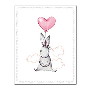 TJ Originals - Children's Nursery Bunny Wall Art - Unframed 11 x 14 Cute Colour Print - Makes a Great Gift for Family and Friends - Unique New Baby Gift, Under $20 Gift (Bunny Pink Balloon)