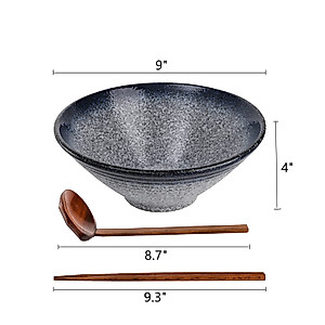Peohud 2 Pack Porcelain Ramen Bowls, 50oz Large Noodle Bowl with Wooden Chopsticks and Spoons, Japanese Bowl for Soup, Salad, Udon, Soba, Pho, Blue