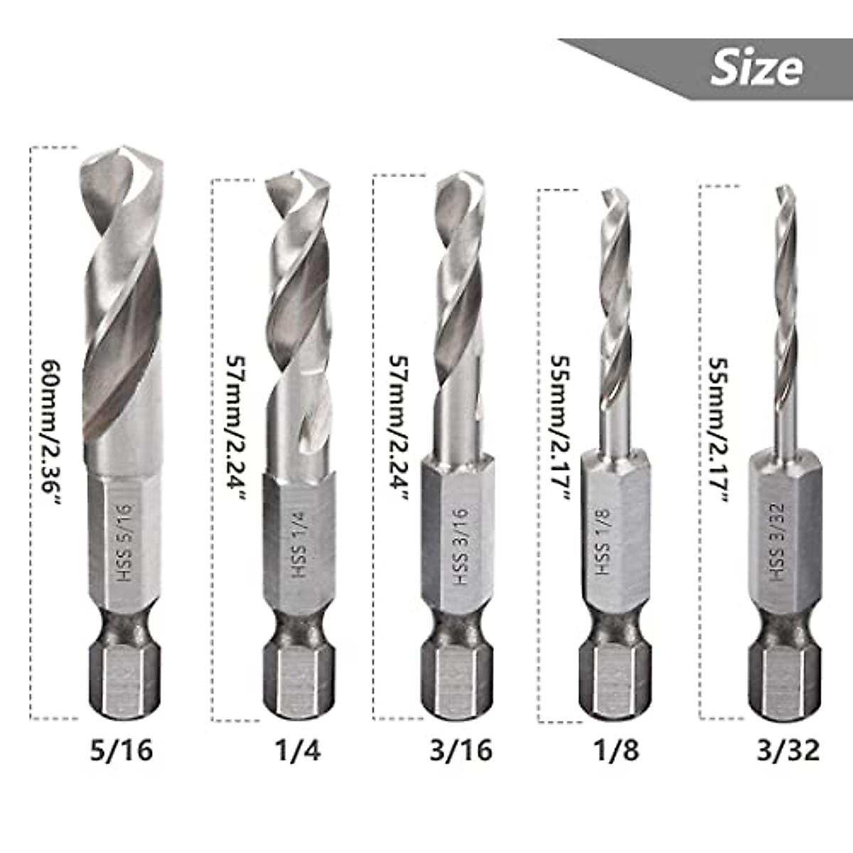 Saipe 5pcs 1/4" Quick Change Hex Shank Metal Stubby Drill Bits Short Drill Bit Set HSS M2 for Right-Angle Drill Attachment and Used in Tight Spaces, 3/32, 1/8, 3/16, 1/4, 5/16-Inch