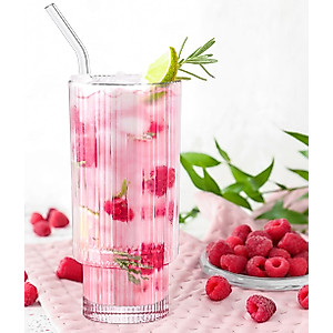 16oz Ribbed Drinking Glasses Set of 4, Clear Reusable Ribbed Glassware, Iced Coffee Cup, Cocktail Can Beer Glasses Cups with Straws, Vintage Wine Tea Water Glass Tumbler, Cute House Warming Gifts