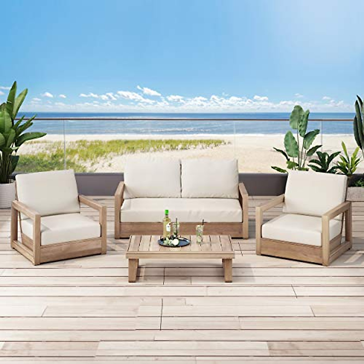 Christopher Knight Home Sammy, Brown and Beige Outdoor 4 Seater Acacia Wood Chat Set with Water Resistant Cushions