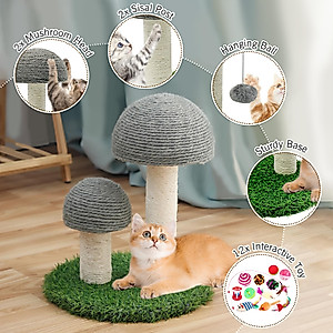 BNOSDM Mushroom Cat Scratching Post, Cat Scratcher with 2 Sisal Poles 12 Pcs Cat Toys and Hanging Ball, Pet Interactive Toy Scratch Post for Indoor Kitten Kitty Small Cats (Coffee)