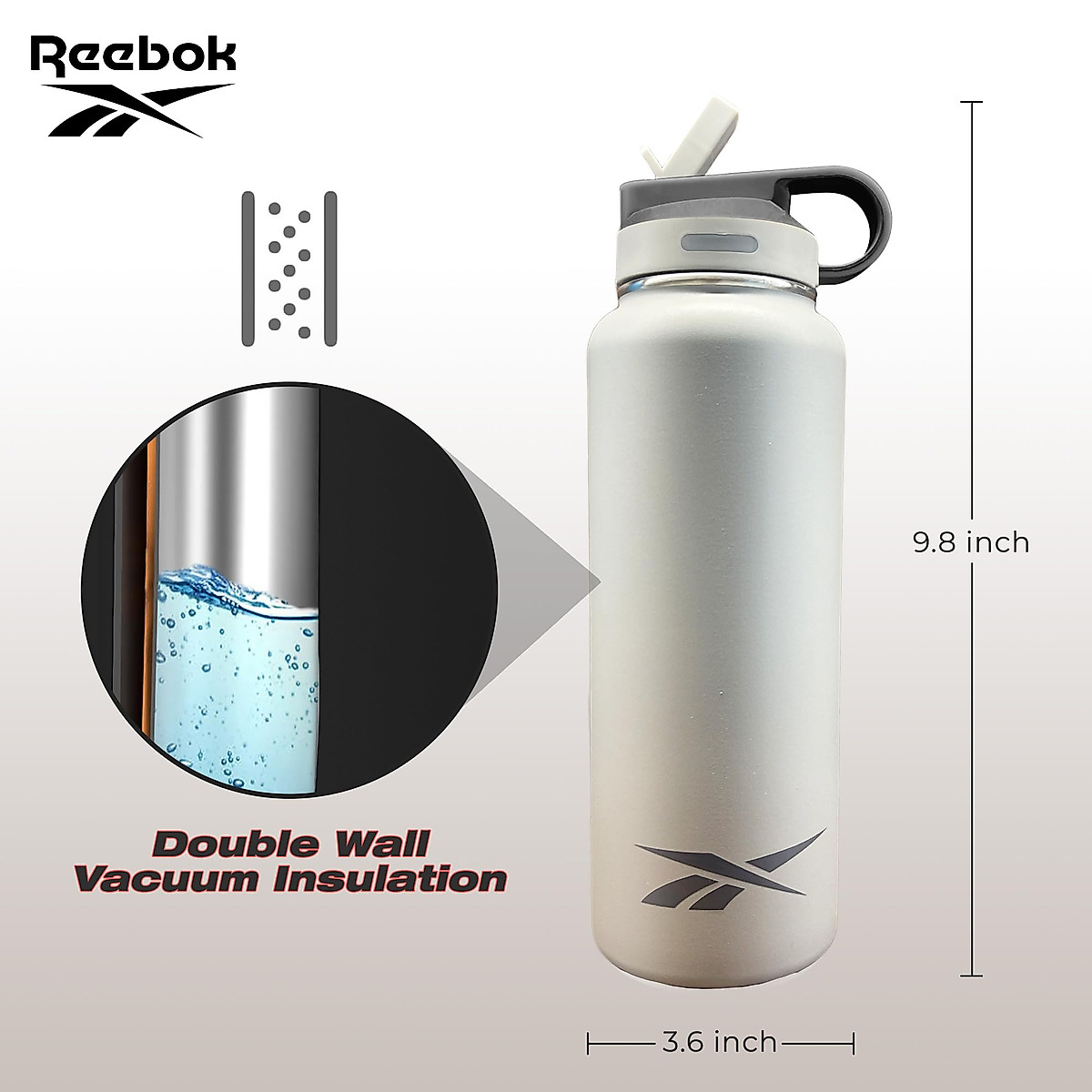 Reebok Stainless Steel Water Bottle With Straw & Athletic Design - Insulated Water Bottles 32 oz - Double Wall Vacuum Insulated Sports Water Bottle With Straw, BPA Free (White)