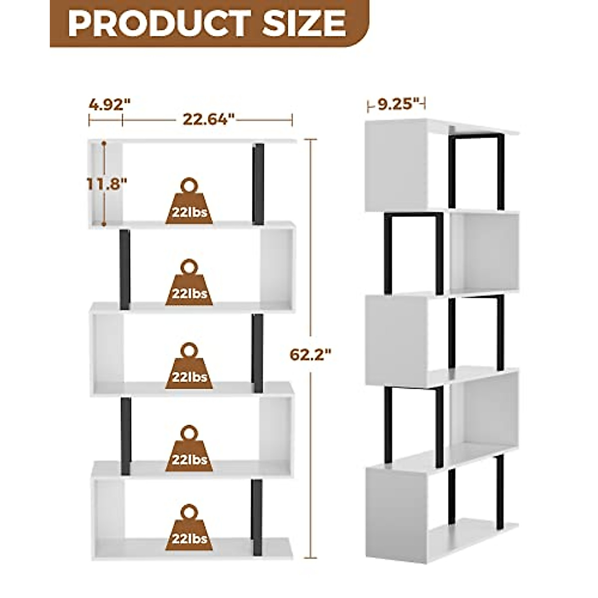 Gadroad 5 Tier Geometric Bookcase, Black and White Book Shelves, Modern Corner Bookcase Storage Shelf Wood for Living Room Home Office (White, 5 Tier)