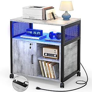 Unikito File Cabinet with LED Lights, Lateral Filing Cabinet with Power Outlets and USB Charging Ports, Printer Stand with Storage, Office Cabinet for Letter, A4, Legal and File Folders, Light Walnut