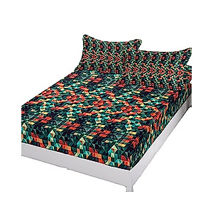 Abstract Colorful Mosaic Tile Art Fitted Bed Sheets Full Size Fit 5-16inch Deep Pockets,Luxury Bottom Sheet Bedding Set with Pillow Case,Seamless Texture Geometric Square Fitted Sheet for Mattress