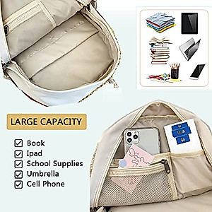 Preppy Backpacks for School, Large Capacity Aesthetic School Bags, Lightweight Casual Daypack with Cute Doll for Teens Girls (White)