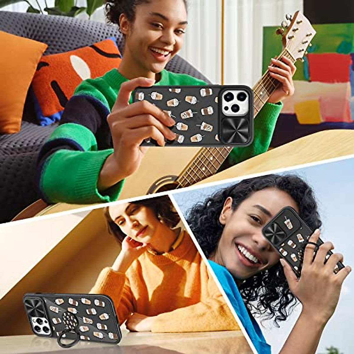 Plakill for iPhone 13 Pro Max Case Cute Stylish Designer Phone Cover with Slide Camera Cover + Ring Holder, Drinks Bubble Tea Slim Protective Shockproof Hard Clear Cases for iPhone 13 Pro Max 6.7"